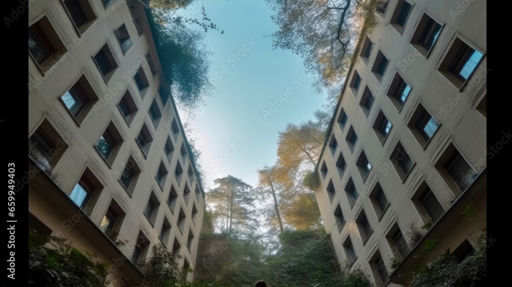 Surrounded building with walls and windows, stretching from ground to ...