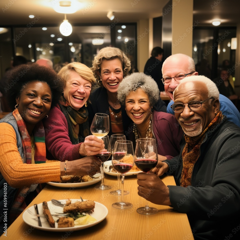 Diverse Group Of Senior Citizens Having Dinner And Drinks Together At