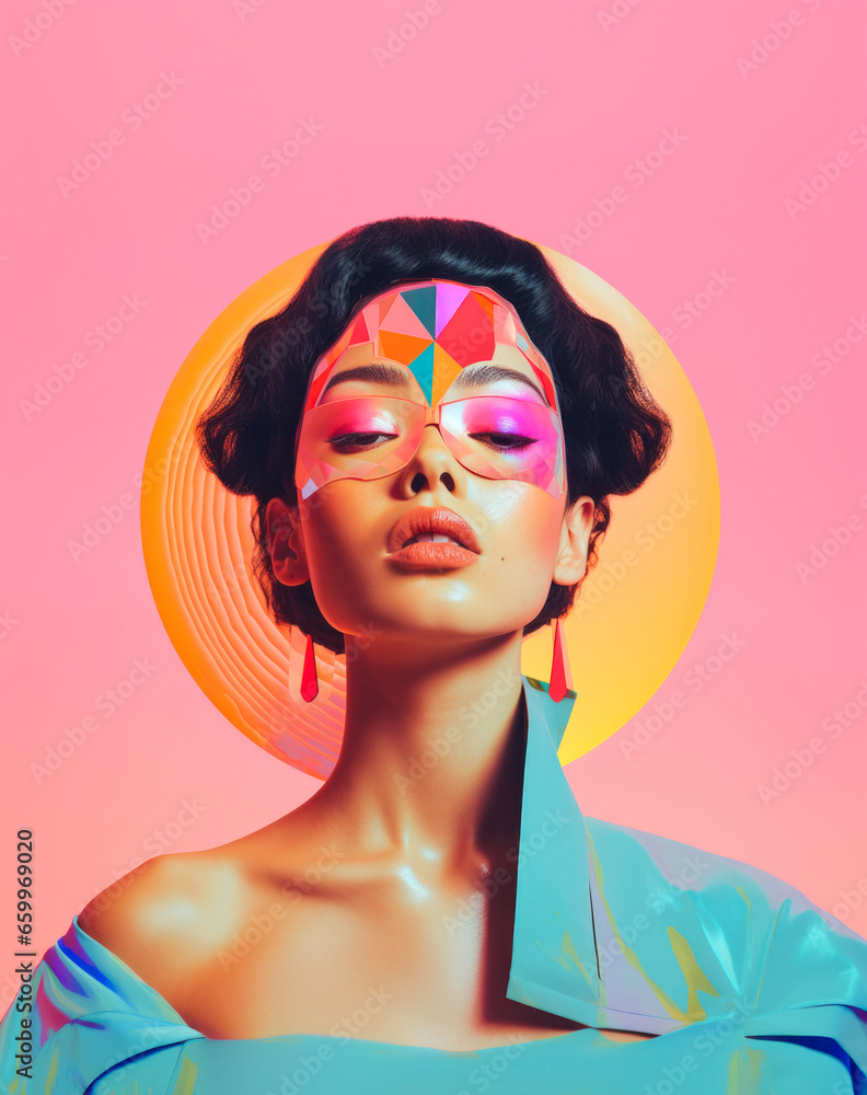 Beautiful Asian woman cutout collage style background. Desertwave, neo ...