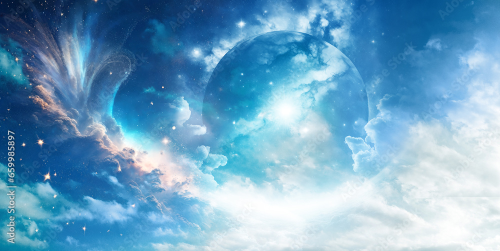 mystic esoteric astrological background with a blue planet, sky, nebula ...