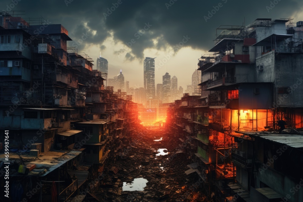 Foto de Stock Rich vs. Poor - Tall, Futuristic Buildings Illuminated by ...