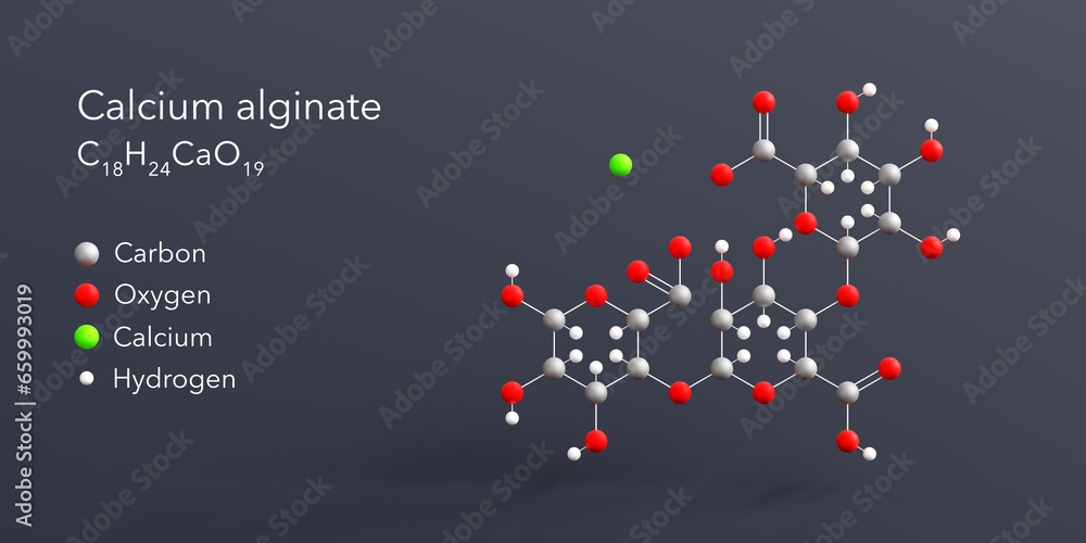 calcium alginate molecule 3d rendering, flat molecular structure with ...