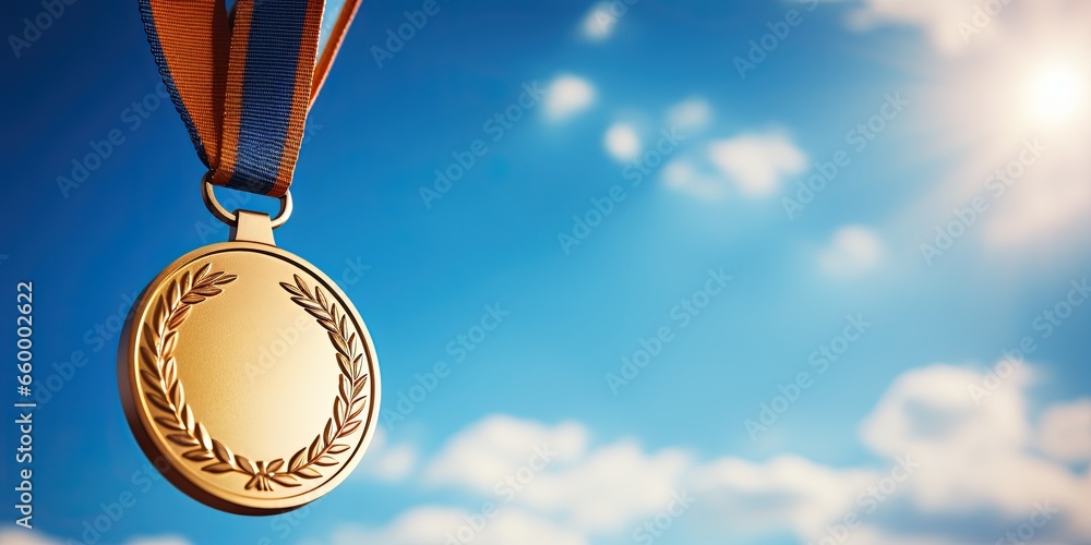 Gold medal hanging in the blue sky, winner against blue sky background ...