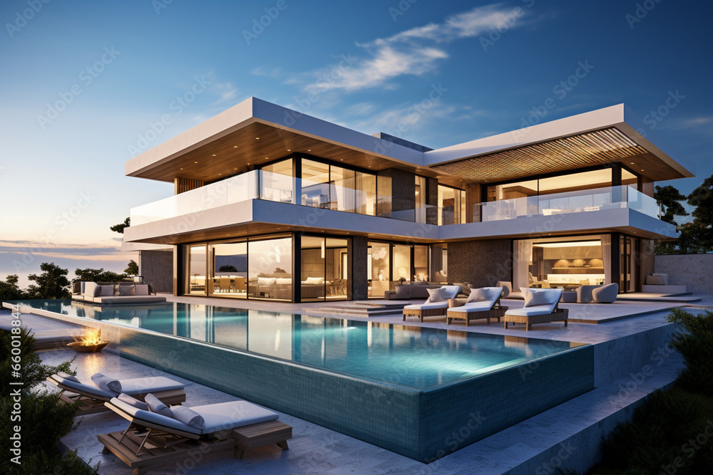 Contemporary Masterpiece: Captivating View of a Modern Villa, Expanding ...