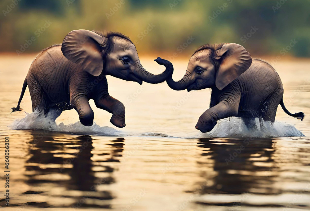 Cute baby elephant are playing together in the river. Adorable animal ...