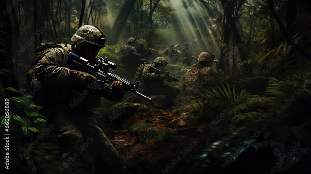 Amidst the dense jungle foliage, a group of camouflage-clad soldiers ...