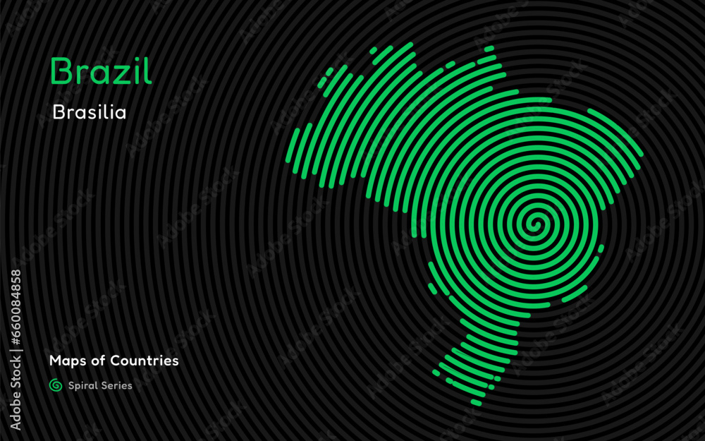 Abstract Map of Brazil in Spiral Pattern with Capital of Brasillia ...
