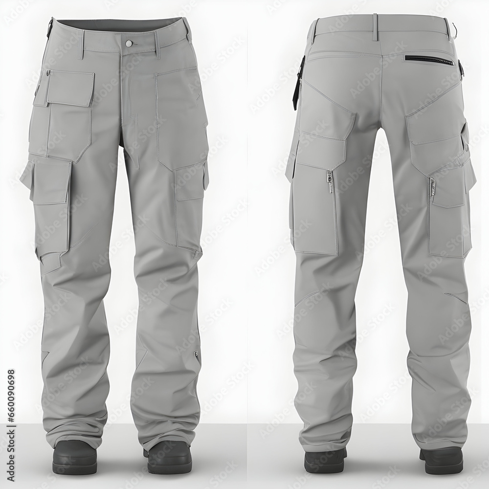 Stylish gray cargo pants mock up template, front and back view ...