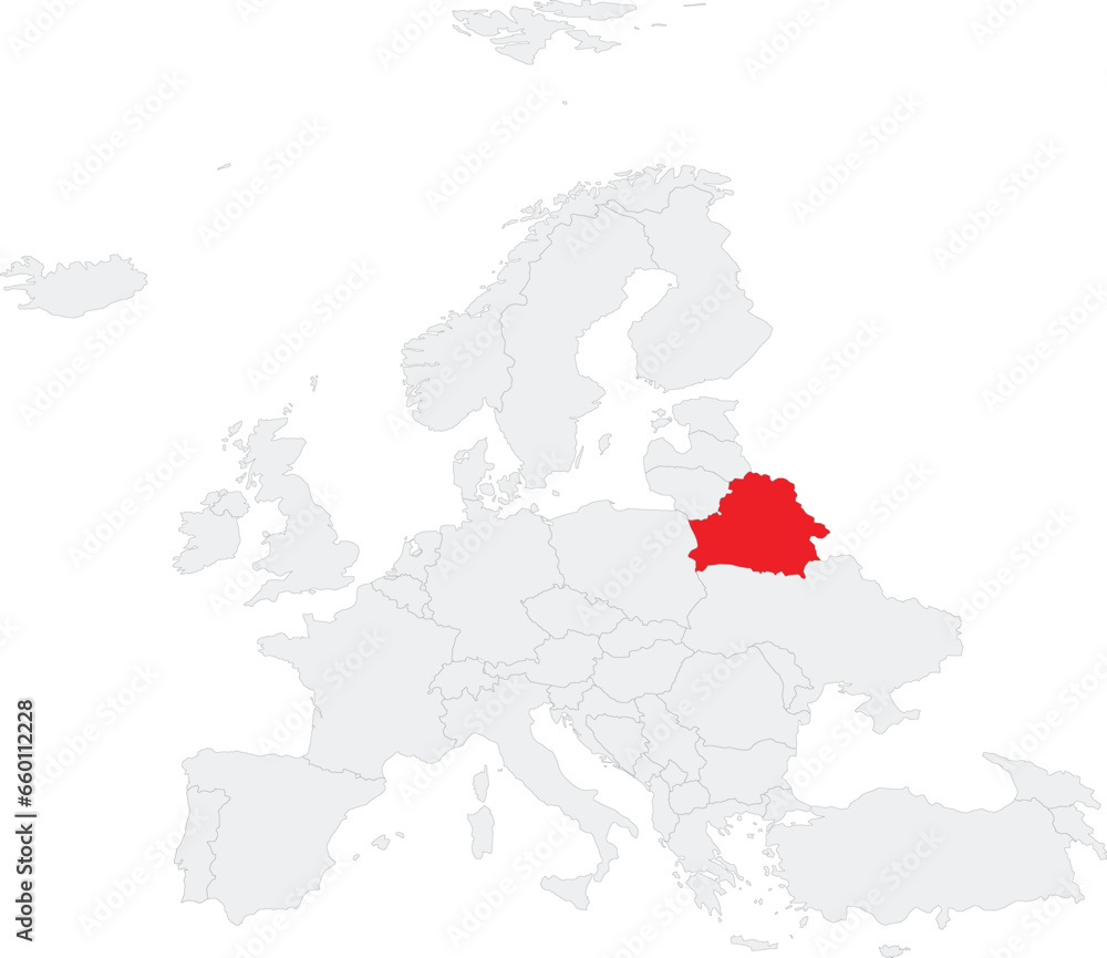 Red CMYK national map of BELARUS inside gray blank political map of ...