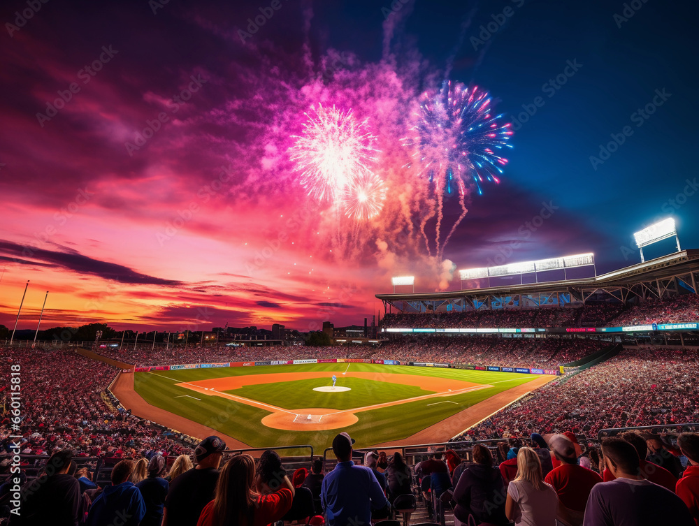 Baseball Stadium with Fireworks, A twilight view capturing fireworks ...