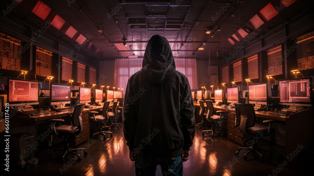 Cybersecurity concept. A hacker standing in a room of computers. Base of operations. Corporate ...