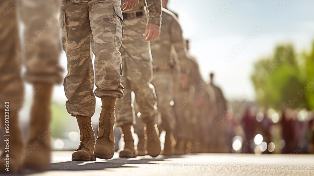 Close-up of men soldiers legs in uniform and boots on the sand ground ...