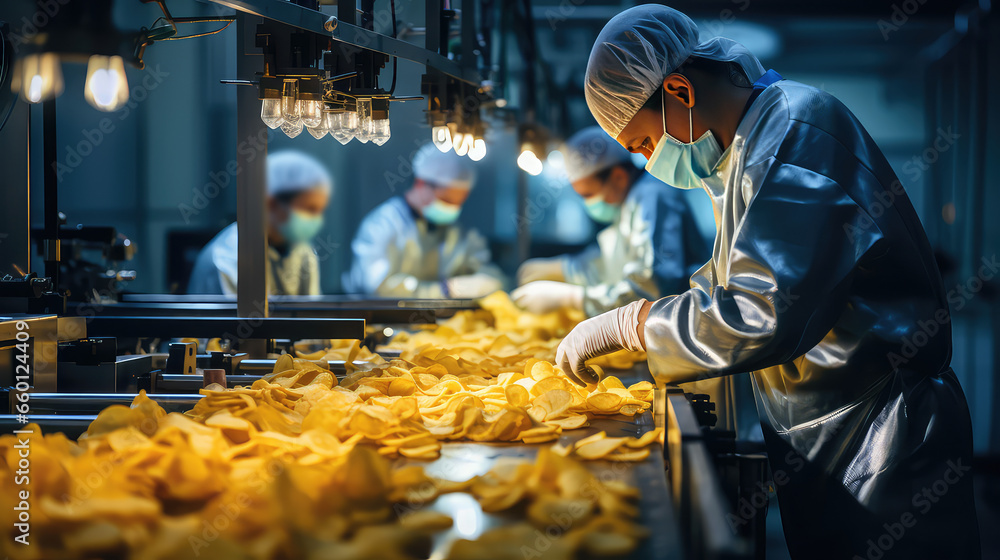 Conveyor line for the production of potato chips. The worker performs ...