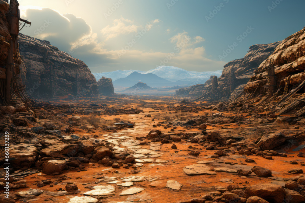 A close-up of the Martian surface, revealing the rugged terrain and ...