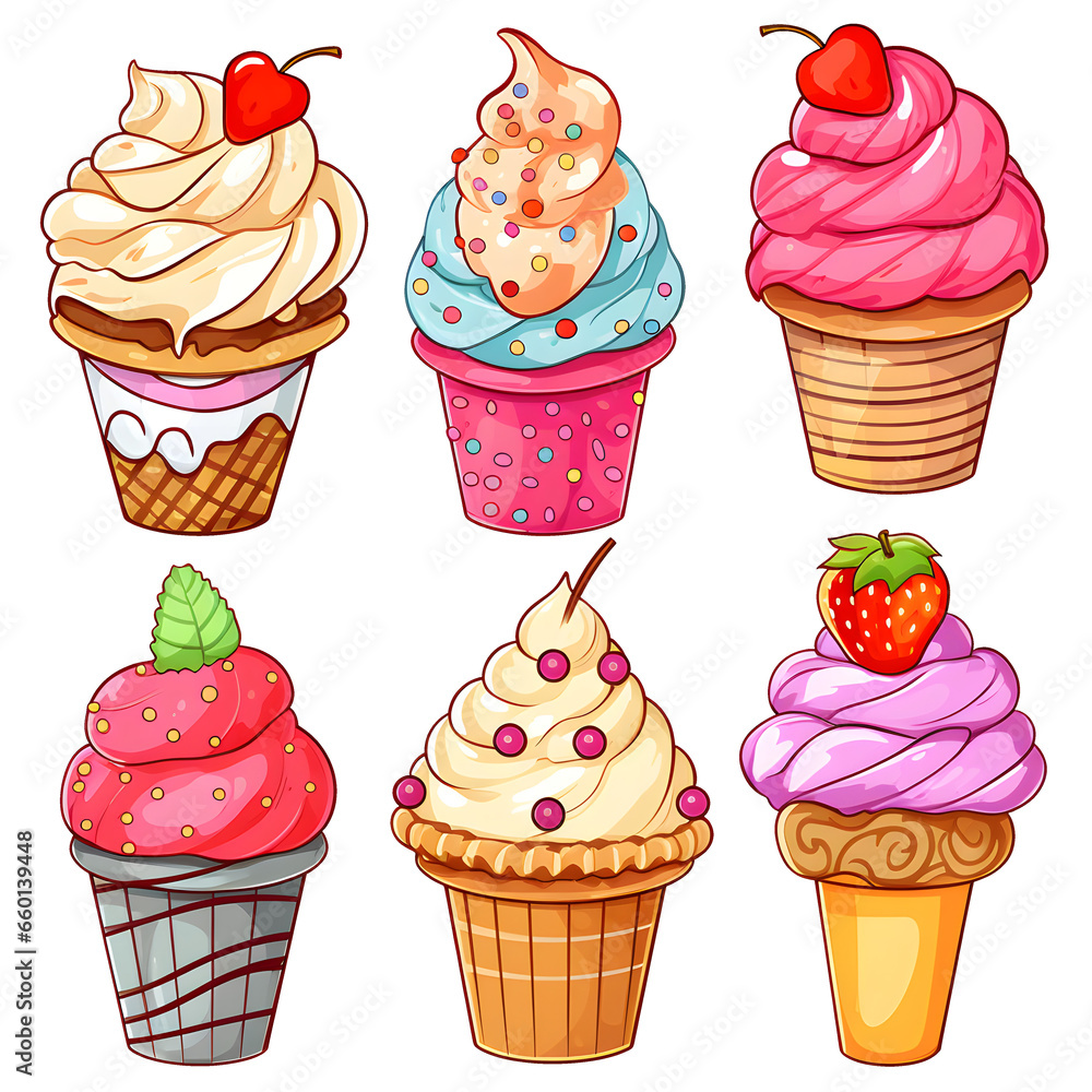 cartoon clipart of Ice cream cones and sundaes, birthday clipart ...