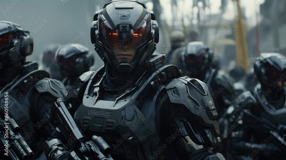 Scifi scene of a futuristic military force, each soldier equipped with ...