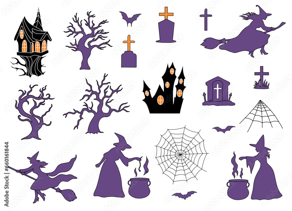 Halloween Witch Silhouette Vector Set, Hand Drawn Halloween Doodle ...