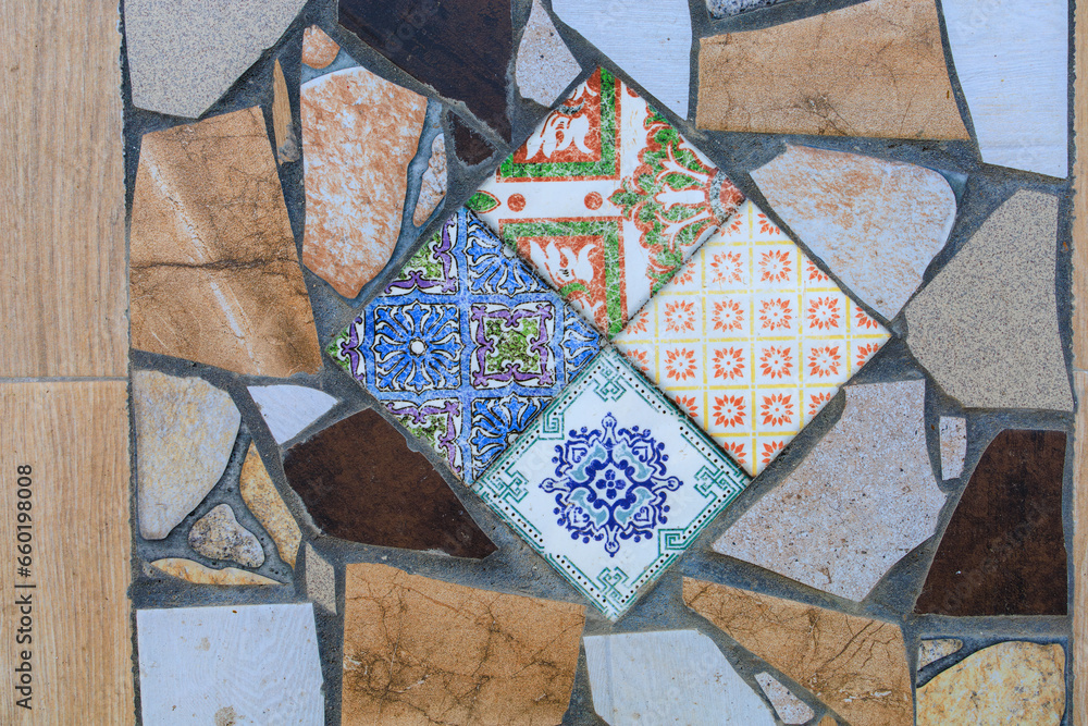 Rough textured background or backdrop of a tiled wall made from waste ...