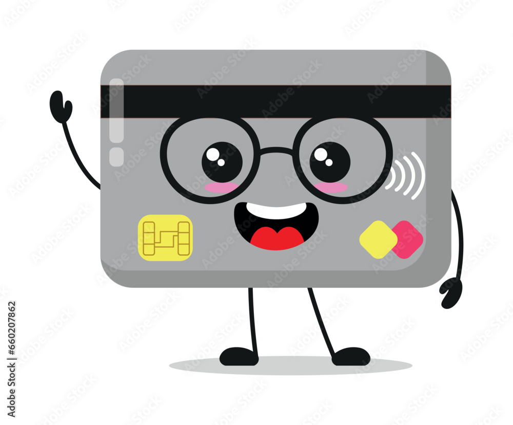 Cute happy credit card character wear eyeglasses. Smiling and greet ...