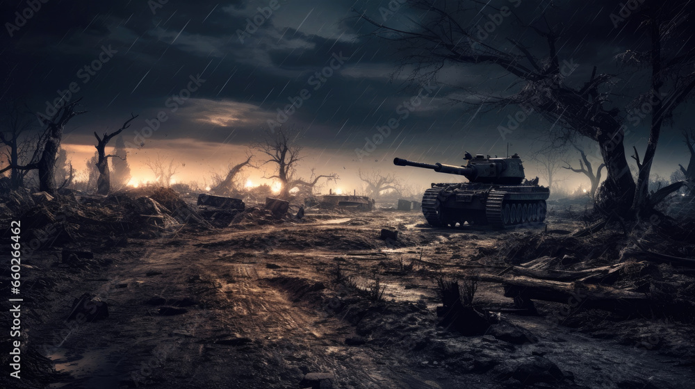 Battlefield, military tanks and dead trees as soldiers march towards of ...