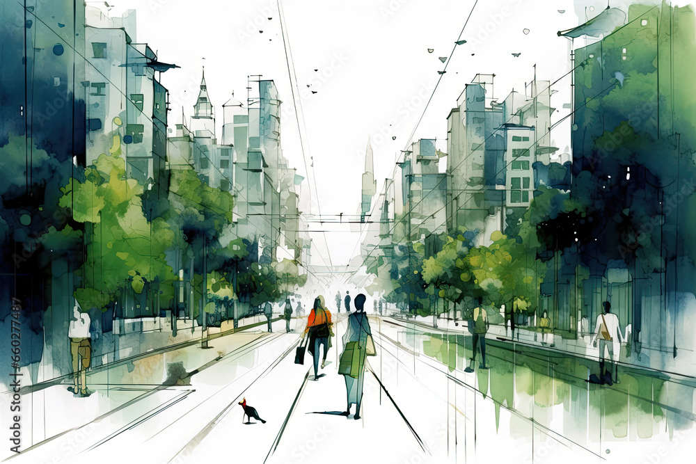 Streets and high-rise buildings of a modern eco-city. Sustainable urban ...