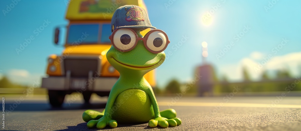 Cartoon green frog wearing denim overalls and bus driver hat, big rig ...