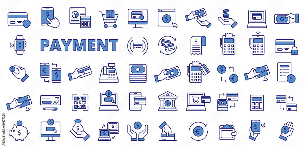 Set of Payment icons in line design blue. Icons, cash, currency ...