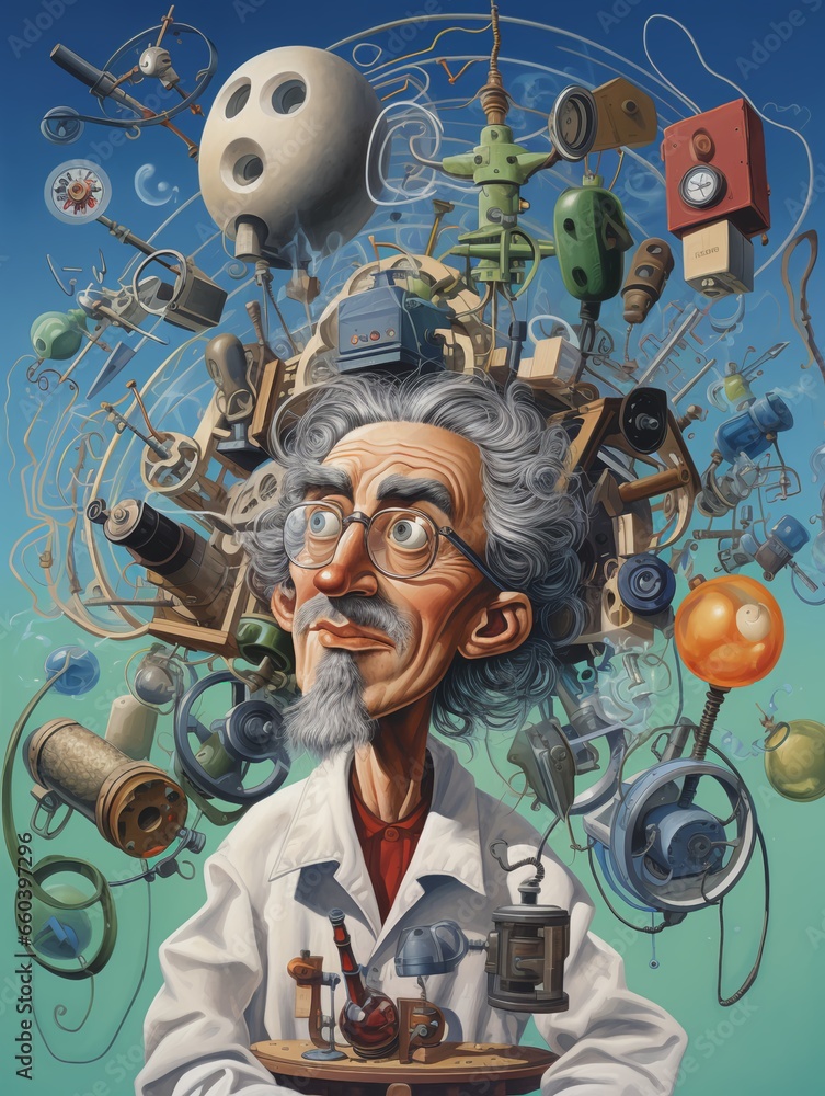 cartoon old serious scientist inventor with many educational tools and ...