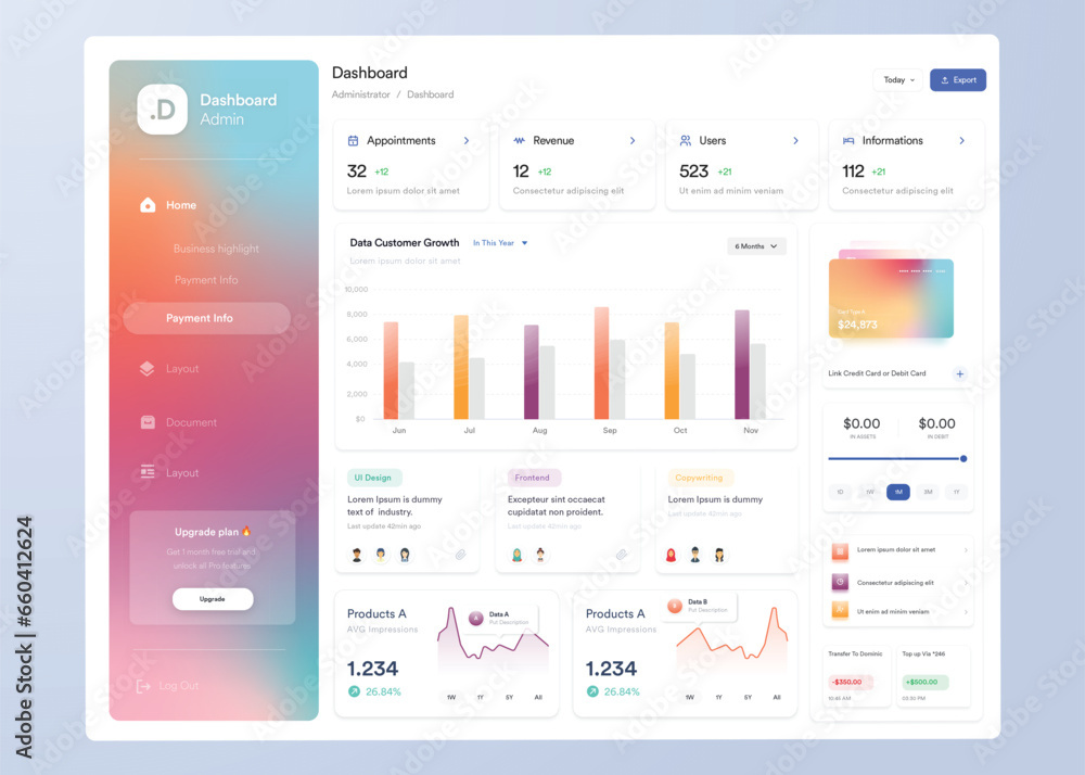 UI UX Infographic dashboard. UI design with graphs, charts and diagrams ...