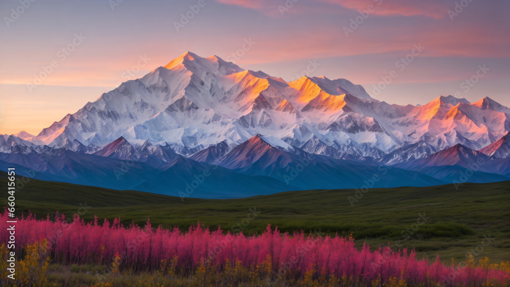 Beautiful rich nature of Denali National Park at sunset. High ...