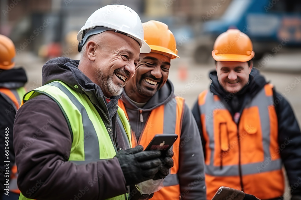 Smiling construction workers looking at a smartphones or a tablet at a ...