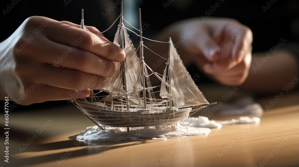 Silver filament 3D printer producing a model boat captured up close ...