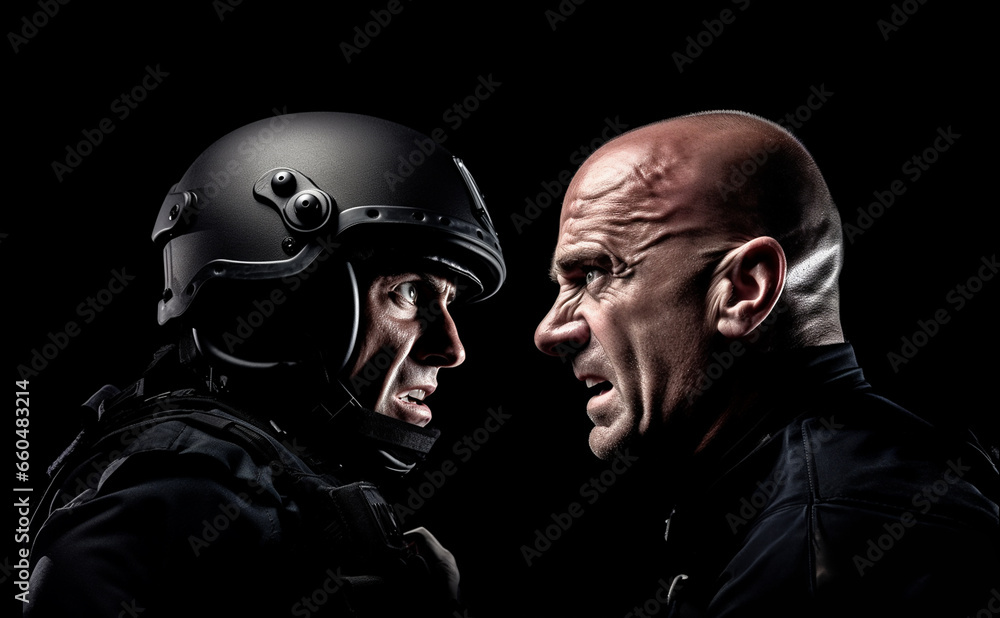 One riot police with protective gear and shields towards angry man ...