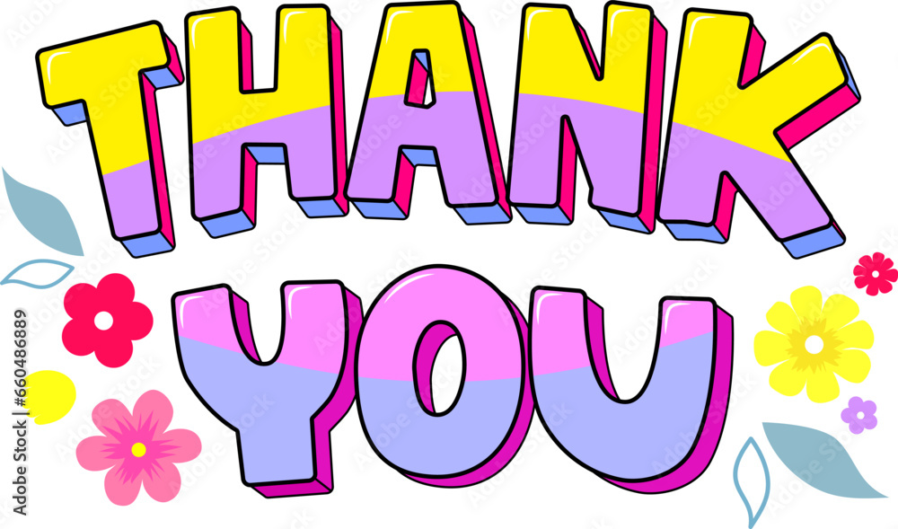 Thank You retro text with decorative flowers and leaves isolated on ...