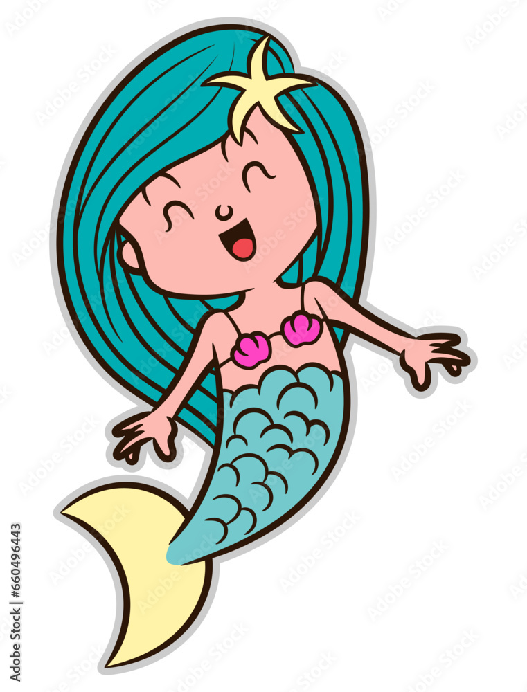Cartoon illustration of Cute little mermaid swimming at ocean. Best for ...