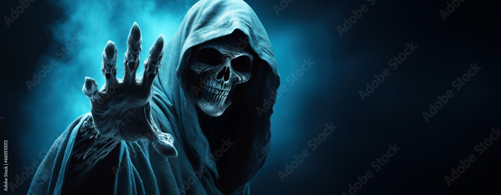 Scary grim reaper death halloween skeleton ghost character with copy ...