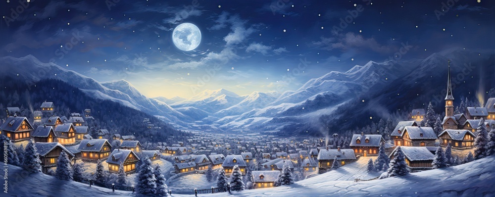 ภาพประกอบ Stock Winter village in the mountains at night with full moon ...