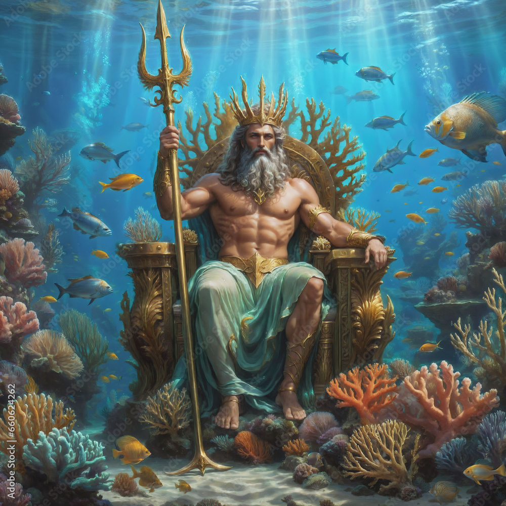 Poseidon on his throne. Underwater. Ancient Greek mythology. Supreme sea god. Neptune the king ...