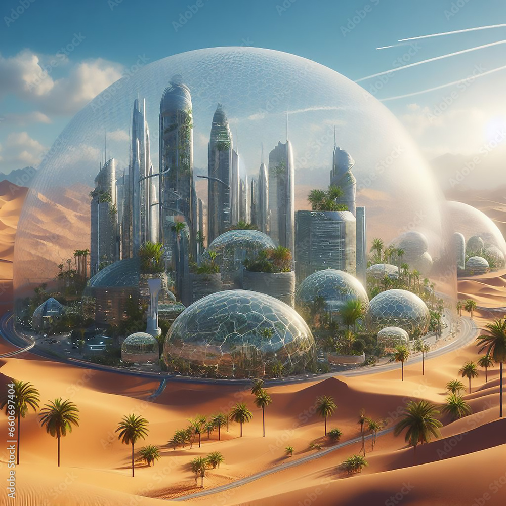 An eco-friendly utopian cityscape, where renewable energy sources are ...