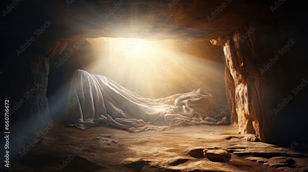 Concept photo of the empty tomb, with Jesus shroud discarded on the ...