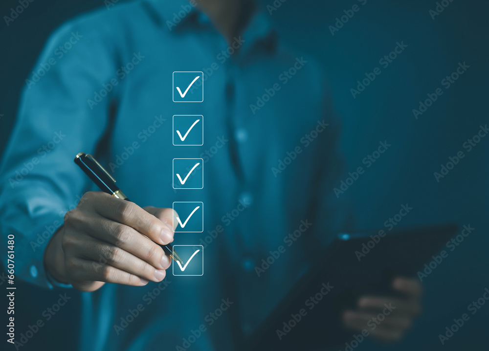 Foto de Stock business verify task detail and evaluation tick mark ...