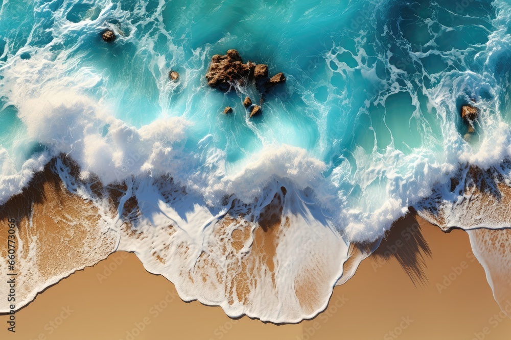 An overhead shot captures the emerald seawater with turbulent waves ...