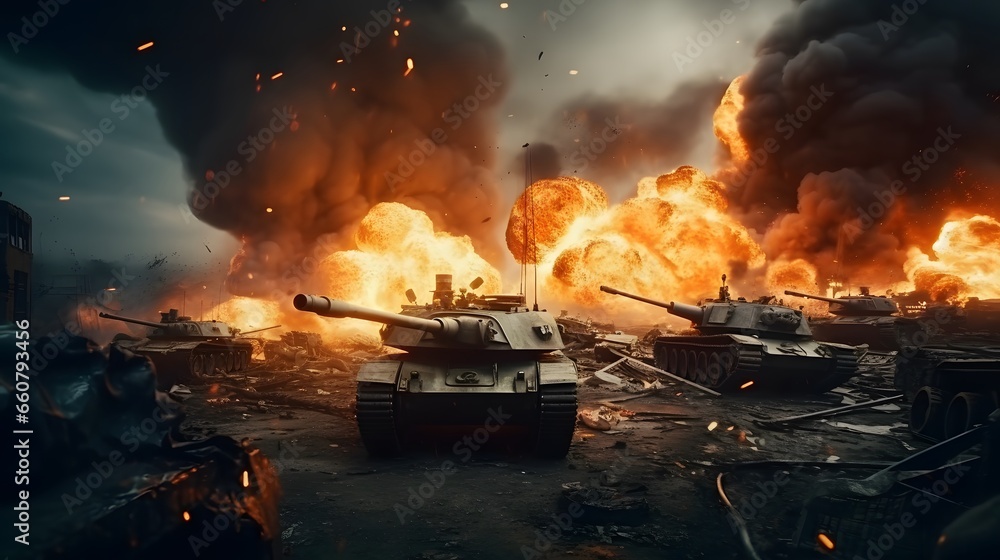 Foto de Stock Group of main battle tanks with a city on fire ...