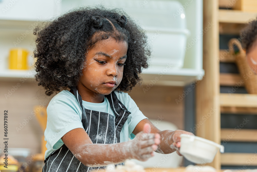 african afro black daughter kids sifting flour powder and sprinkling ...