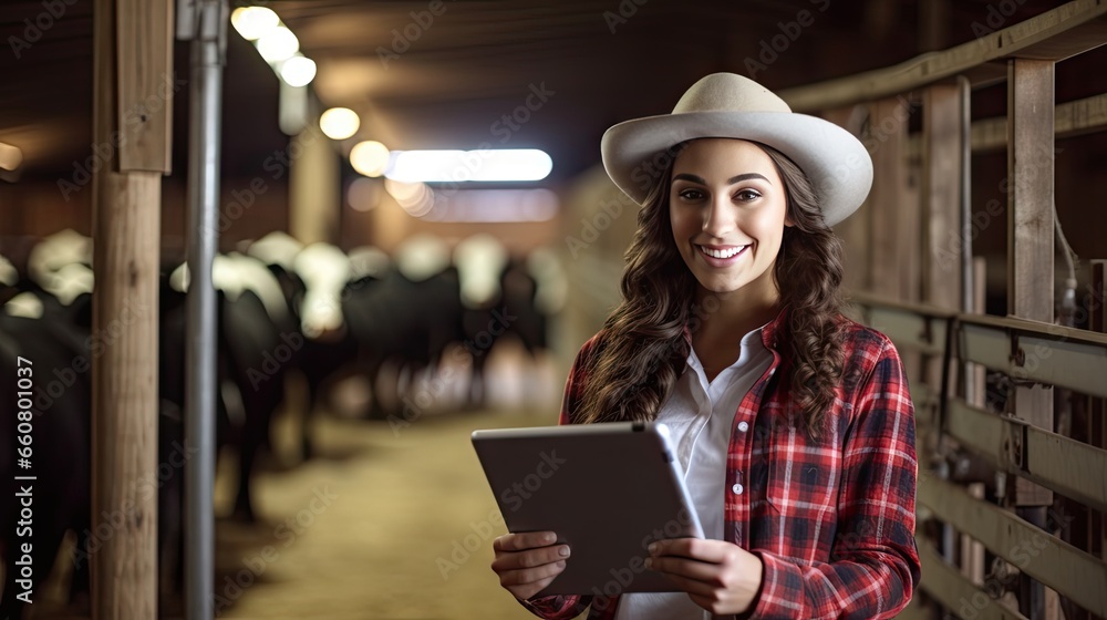 Beautiful young woman wearing a cowboy hat and plaid shirt with a ...