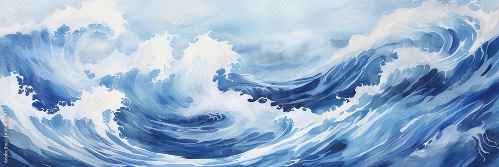 large wave breaking ocean blue sky oil medium colored pencil scroll ...