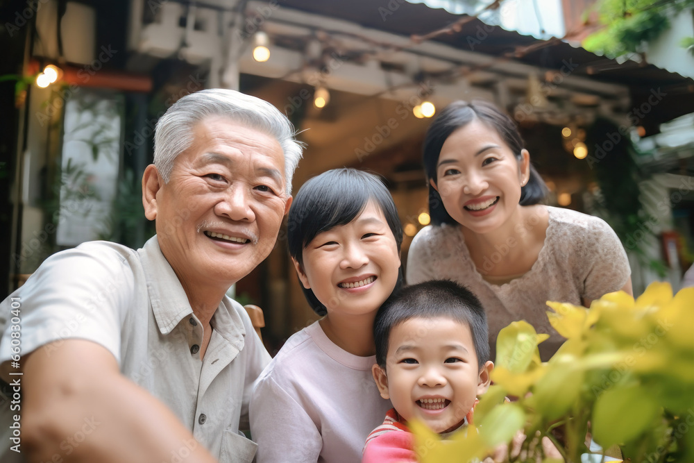 Big Asian family together. Family photo of joyful children and old ...