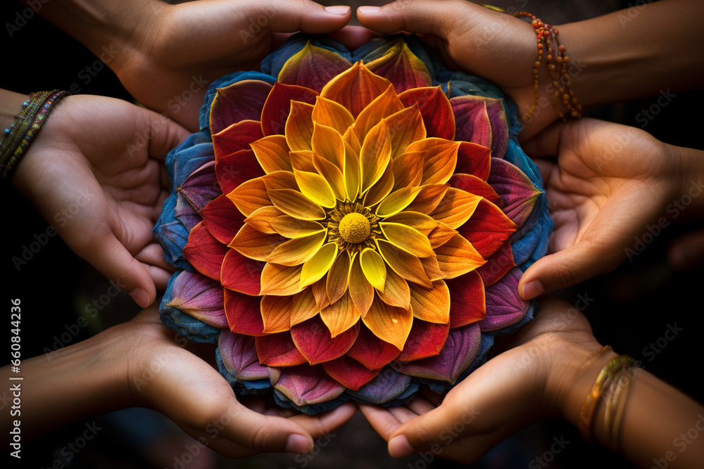 mandala design formed by interconnected hands or people, symbolizing ...