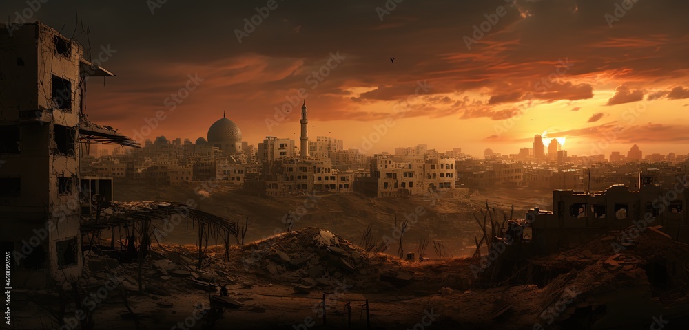 painting style illustration of war destroyed area of civilian town ...