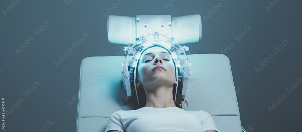 Screen displays woman using head scanning device for neurology ...